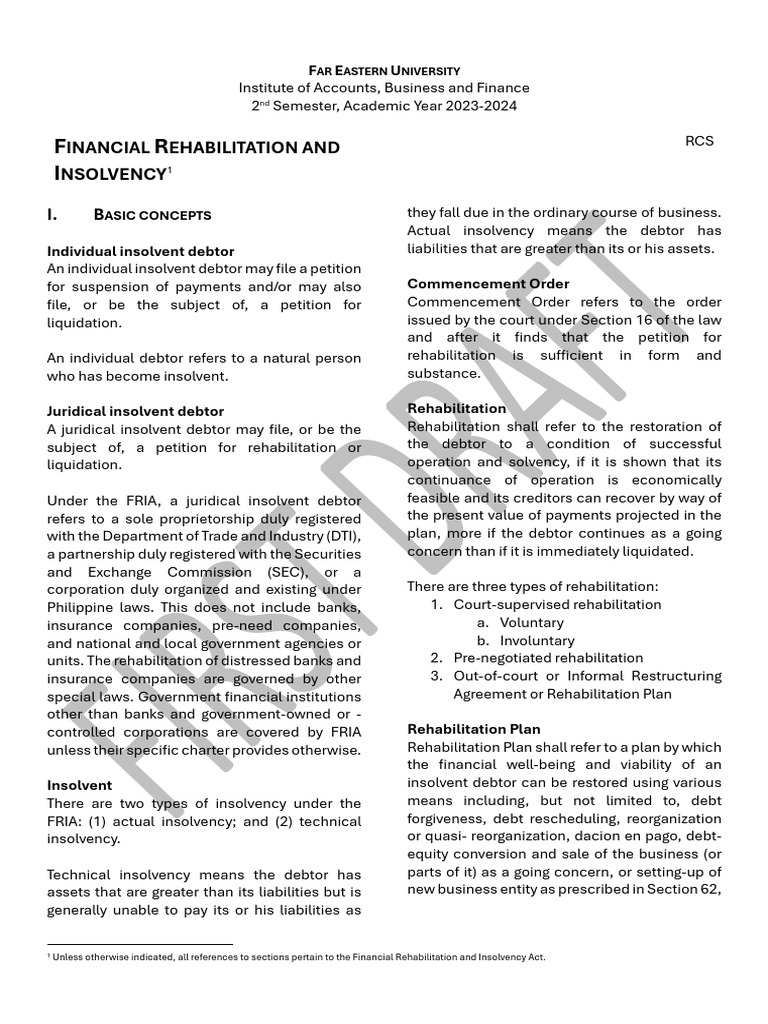 Lecture Notes 2-FRIA | PDF | Bankruptcy | Insolvency