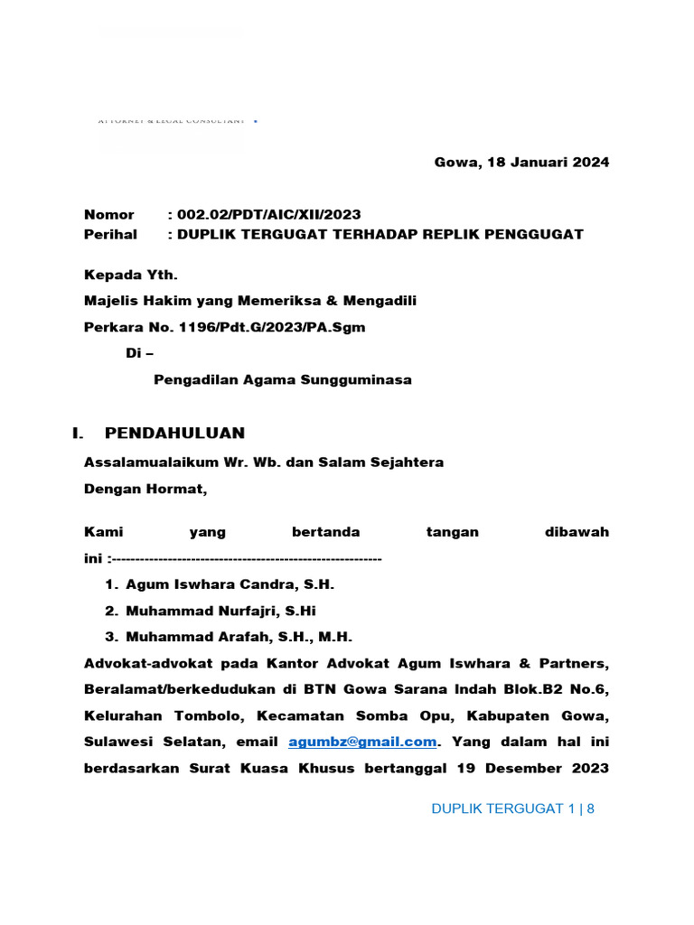 Duplik Tergugat Kasus Perdata Gowa | PDF