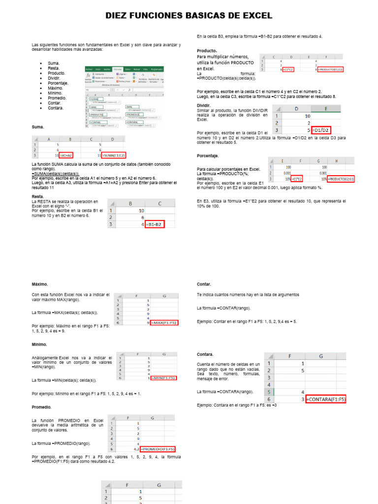Diez Funciones Basicas de Excel | PDF | Microsoft Excel | Sustracción