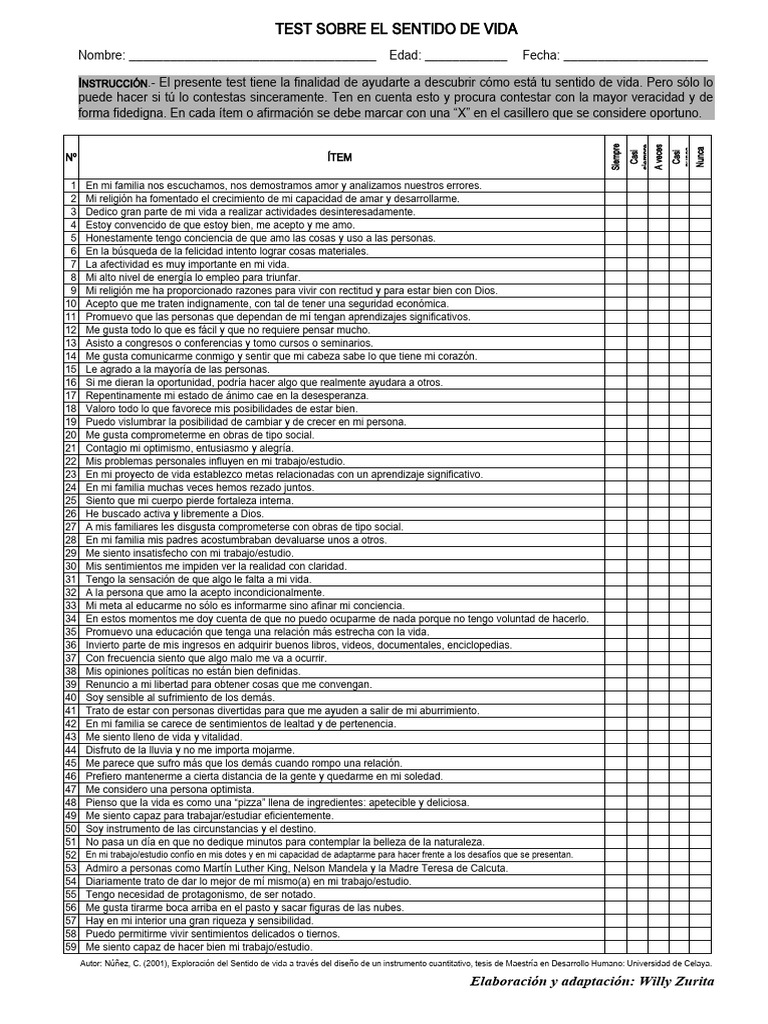 Test Sobre El Sentido de Vida | PDF | Felicidad | Amor