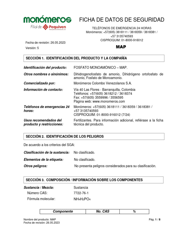 FDS Fosfato Monoamónico Map | PDF | Amoníaco | Fertilizante