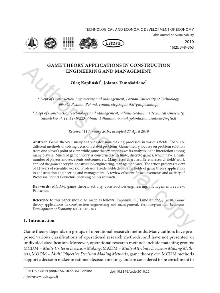 Game Theory Applications in Construction | PDF | Game Theory | Mathematical Optimization