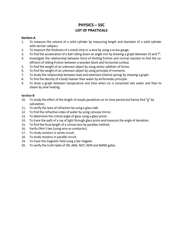 List of Practicals of PHYSICS SSC | PDF