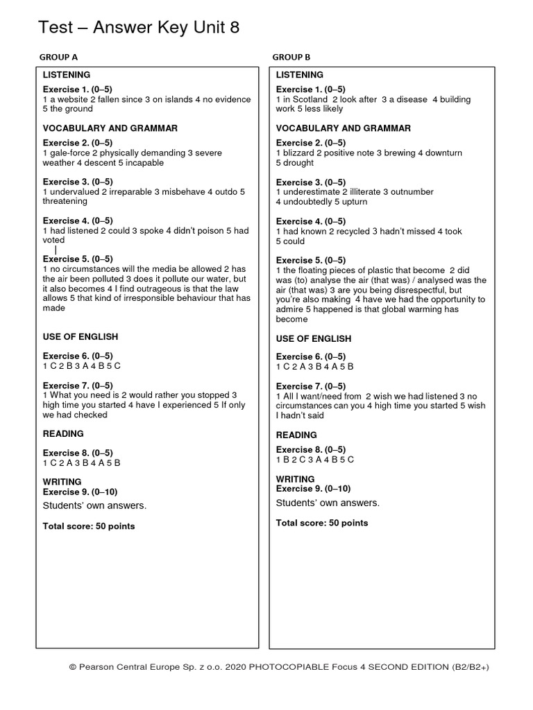 Focus 4 Unit 8 Test Answer Key | PDF | Earth Sciences | Natural Environment