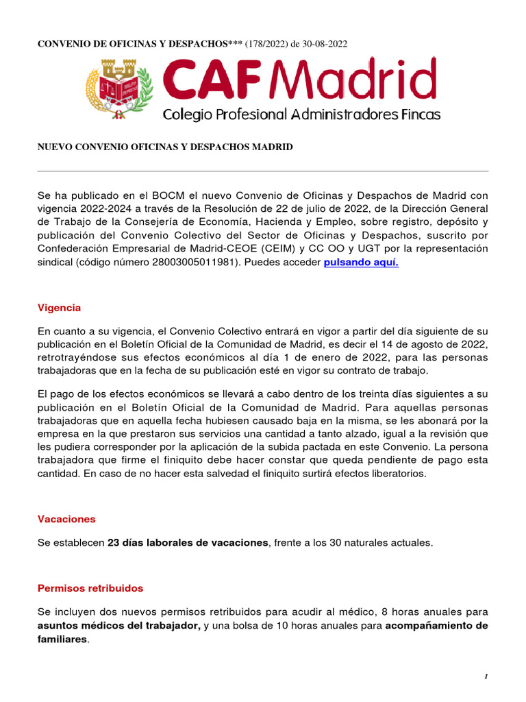 Nuevo Convenio Oficinas y Despachos Madrid 2022 | PDF
