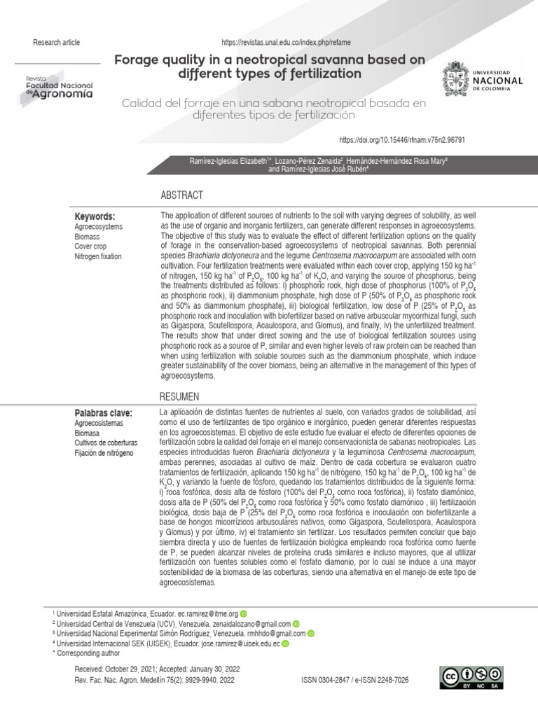 2022(Forage Quality in a Neotropical Savanna Based on Different Types of Fertilization) | PDF ...
