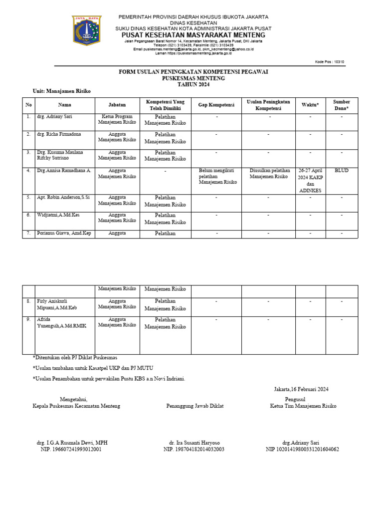 Form Daftar Usulan Diklat Manrisk 2024 | PDF