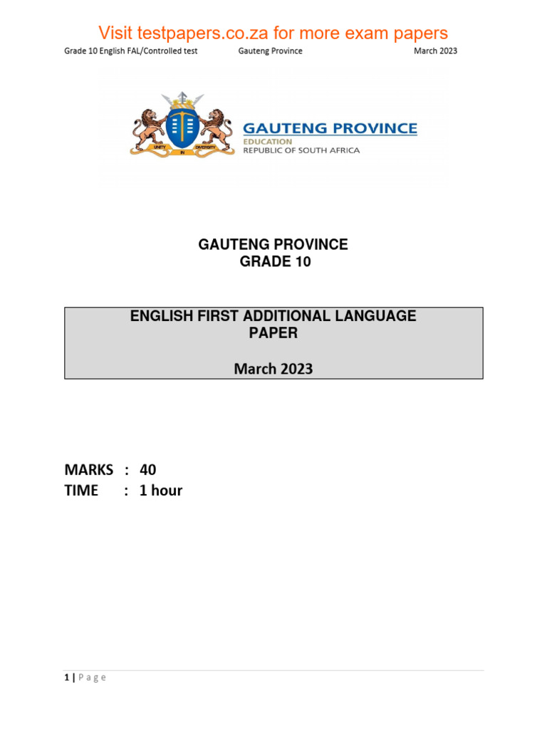 GR 10 English (FAL) Controlled Test March 2023 Question Paper | PDF ...