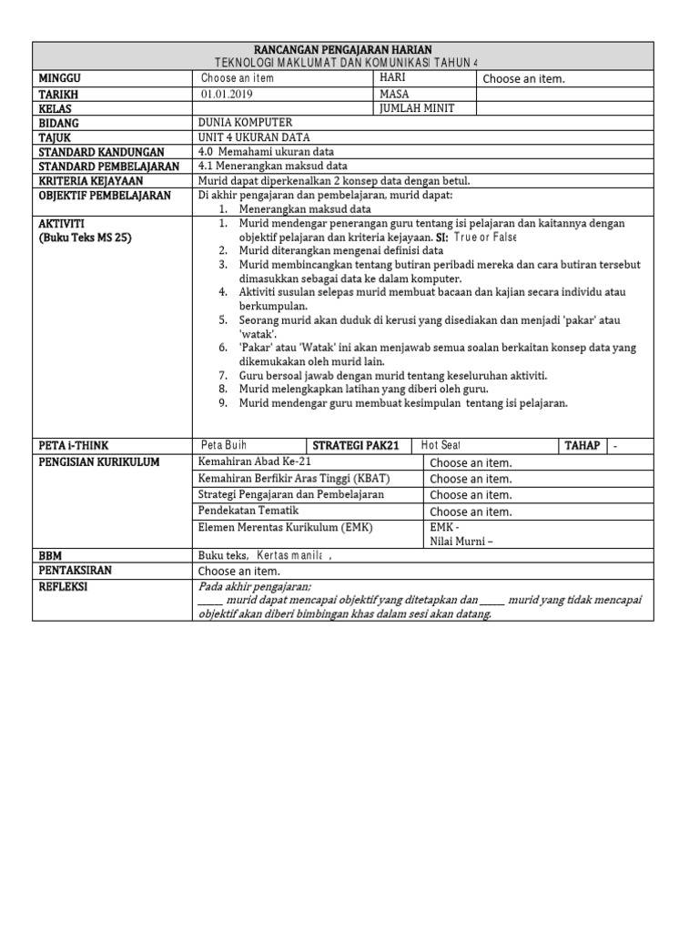 Rancangan Pengajaran Ukuran Data | PDF | Komputer