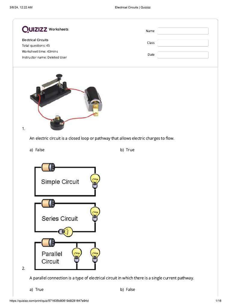 Electrical Circuits Quiz Worksheet | PDF | Electric Charge | Electric ...