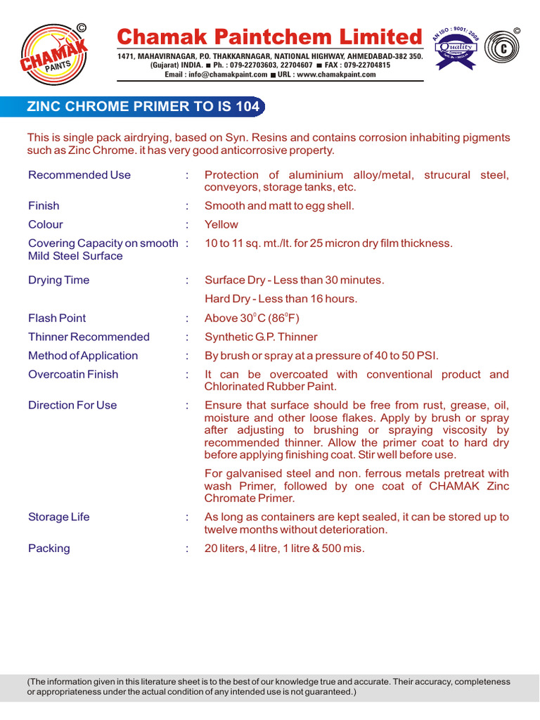 Zinc Chrome Primer To Is 104 | PDF | Chromium | Rust