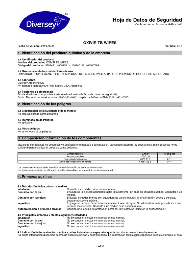 Ficha Técnica Oxivir Tb Wipes Pdf Corrosión Agua