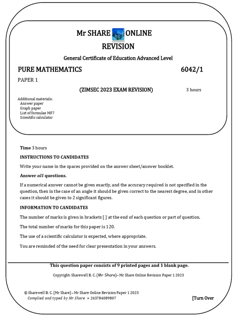 2023 - PAPER - 1 - (A'LEVEL - PURE MATHEMATICS) - FINAL REVISION MR ...