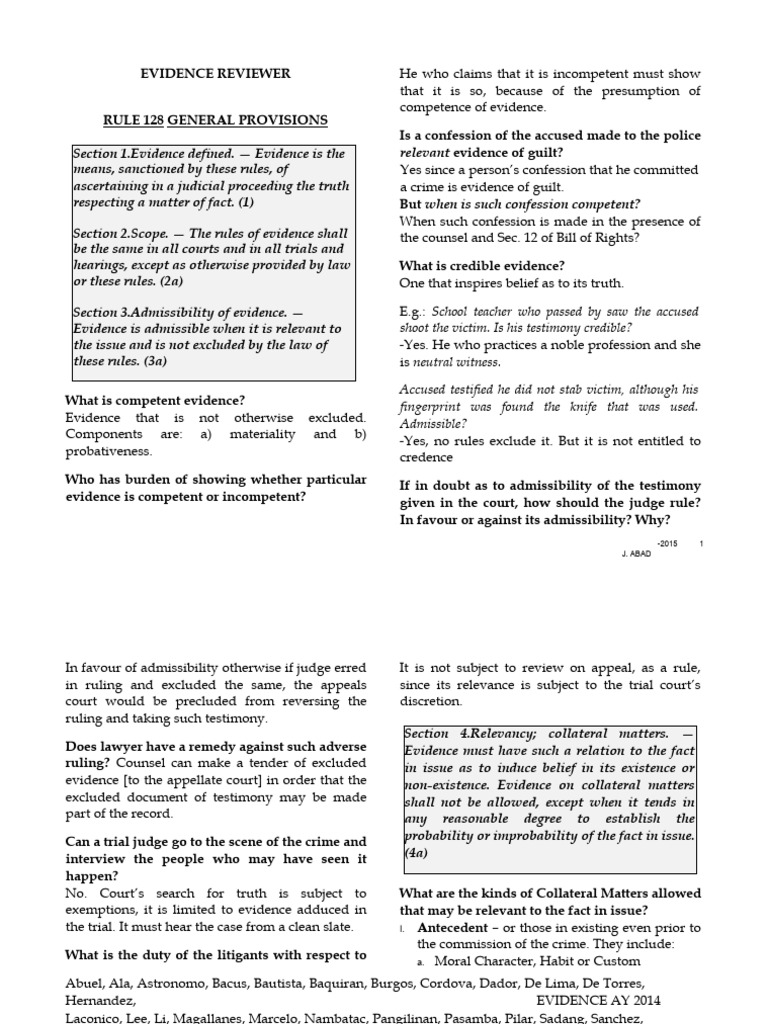 Evidence Reviewer J Abad 2014 WORD | PDF | Evidence (Law) | Pleading