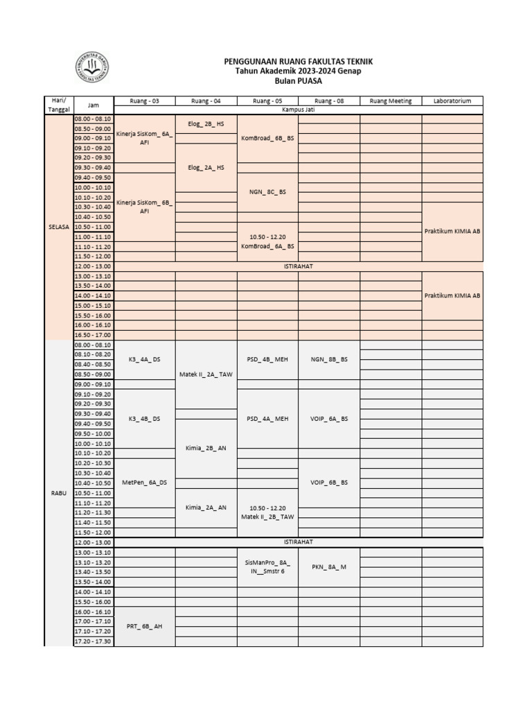 Jadwal Perkuliahan Semester Genap TA 23-24 - Puasa - New | PDF | Technology & Engineering