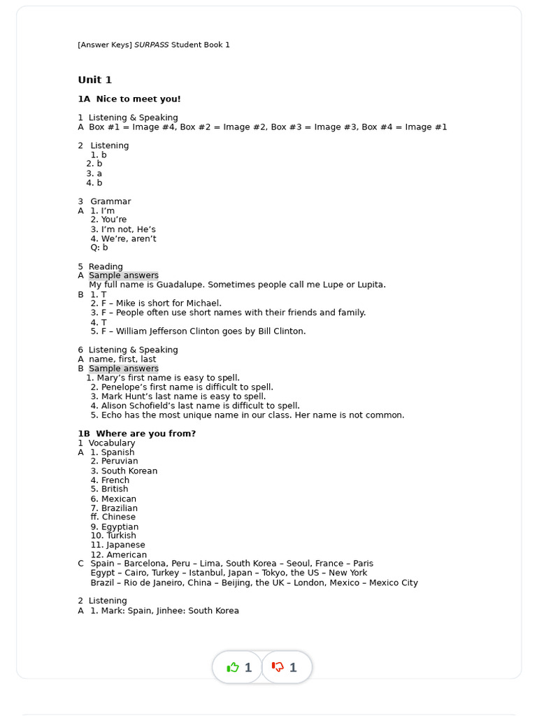 Surpass 1 Student Book Answer Key Respuestas - Compress | PDF | Lunch | Meal