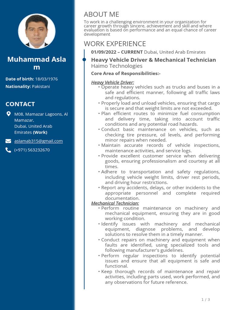 Muhammad Aslam CV | PDF | Truck | Vehicles