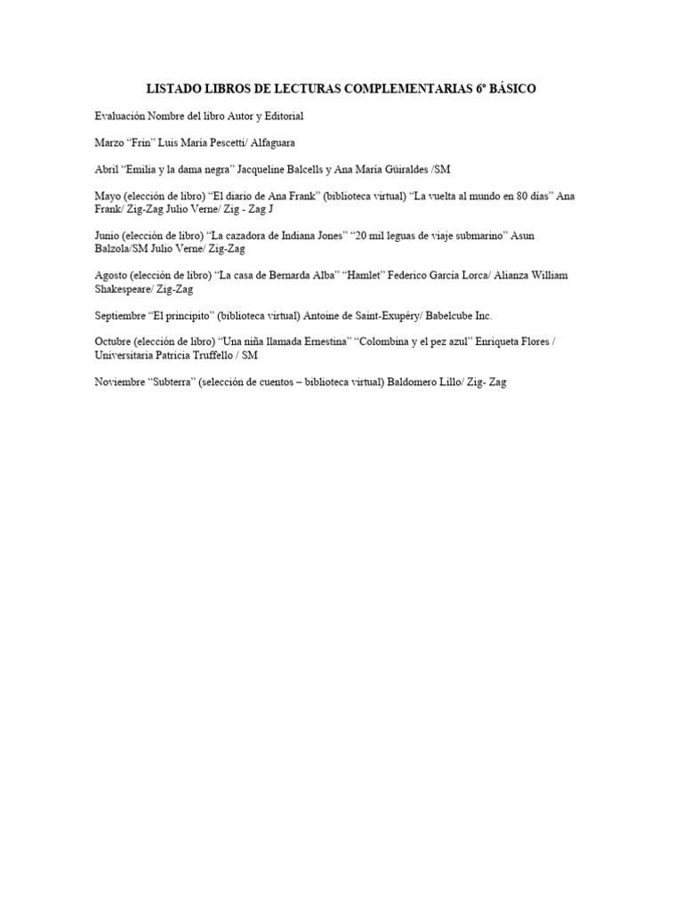 Listado Libros de Lecturas Complementarias 6º Básico | PDF