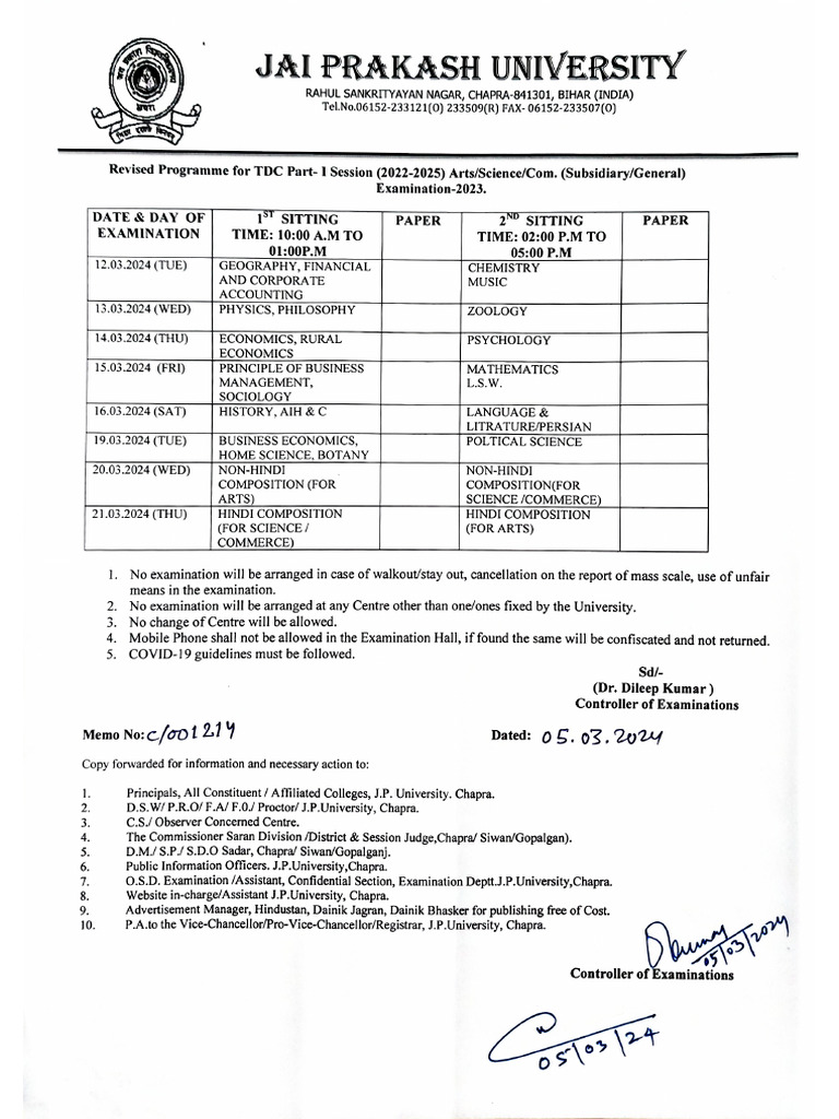 Revised Programme Tdc -1 Exam-2023 | PDF