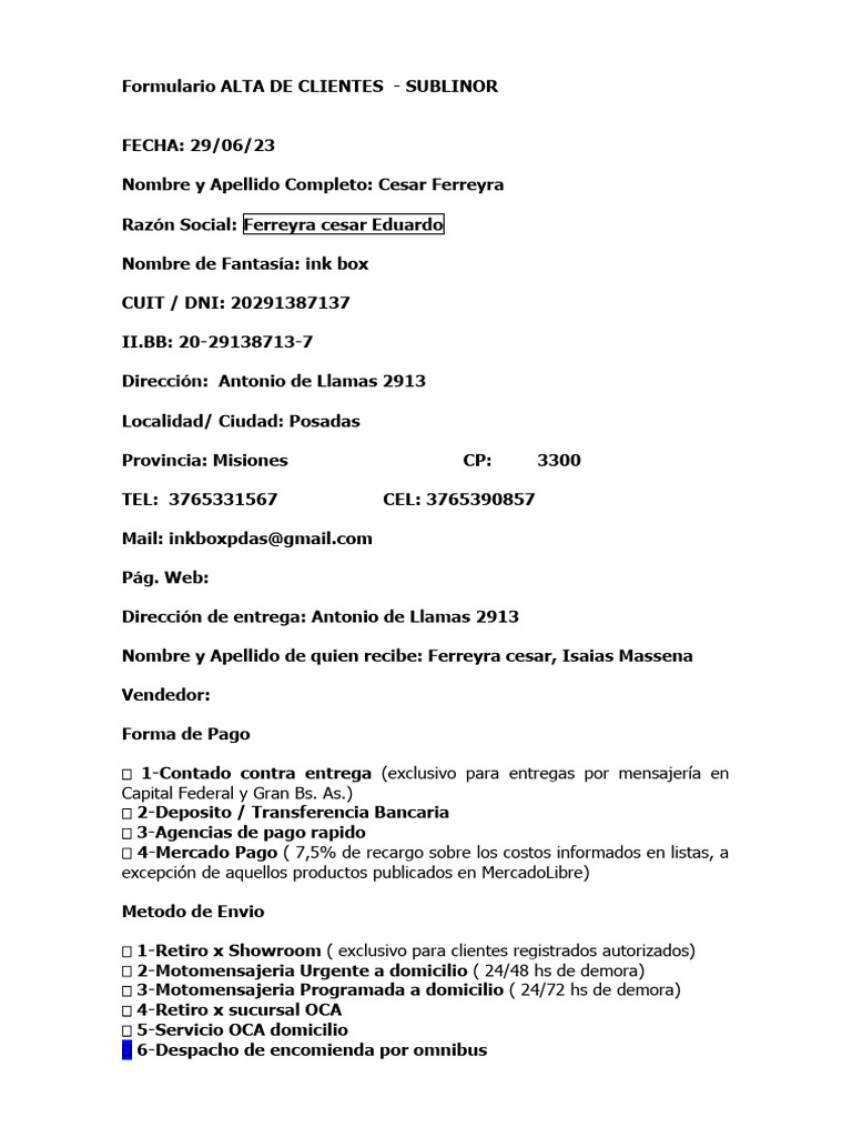 Formulario ALTA DE CLIENTE SUBLINOR | PDF