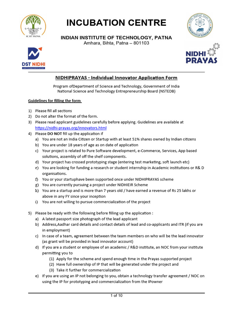 Appliation Form Nidhi Prayas ICIITP | PDF | Startup Company | Small ...
