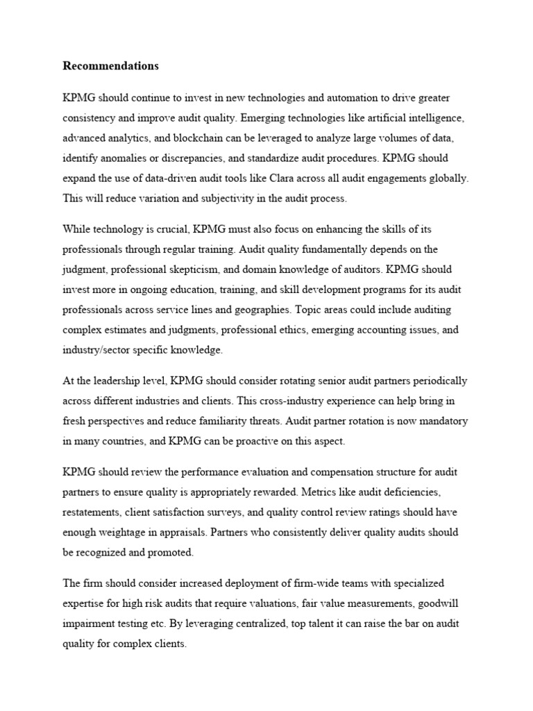 Recommendations For KPMG | PDF | Audit | Performance Appraisal