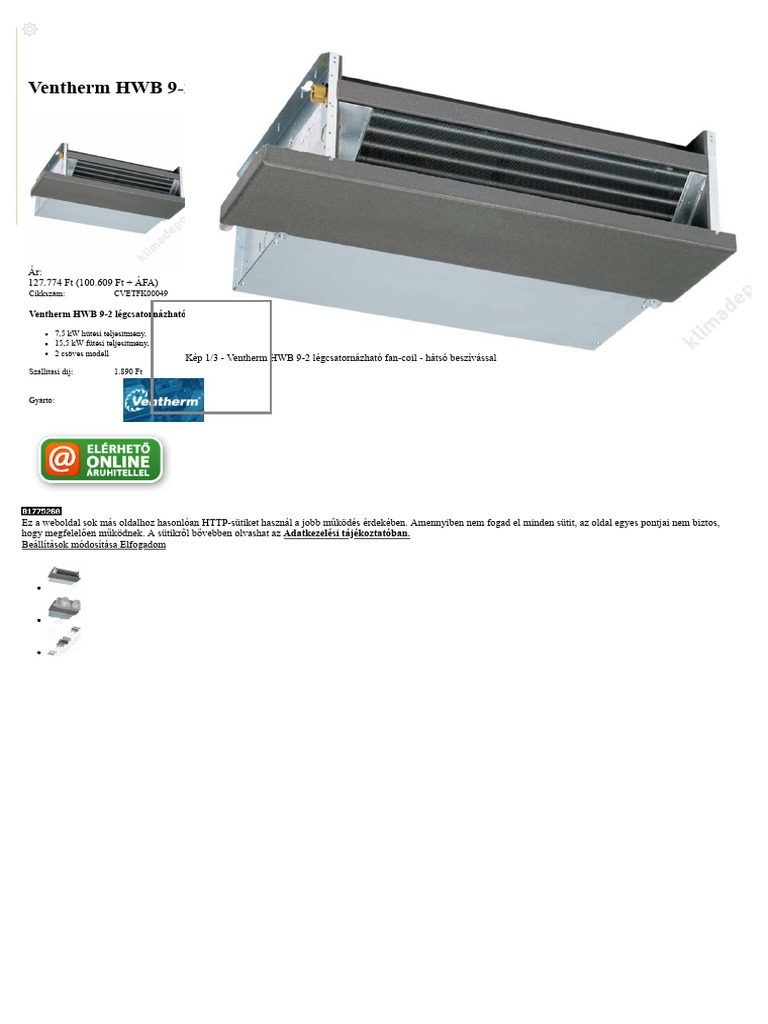 Ventherm HWB 9-2 Légcsatornázható Fan-Coil - Hátsó Beszívással | PDF