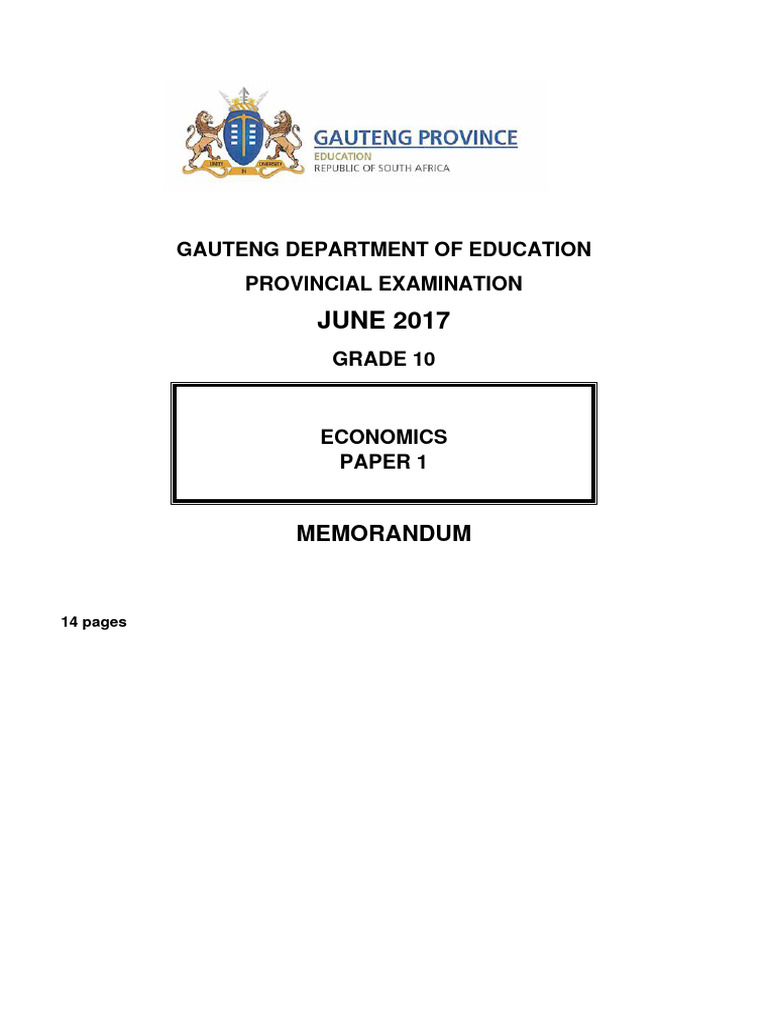 Grade 10 Provincial Exam Economics P1 (English) June 2017 Possible ...