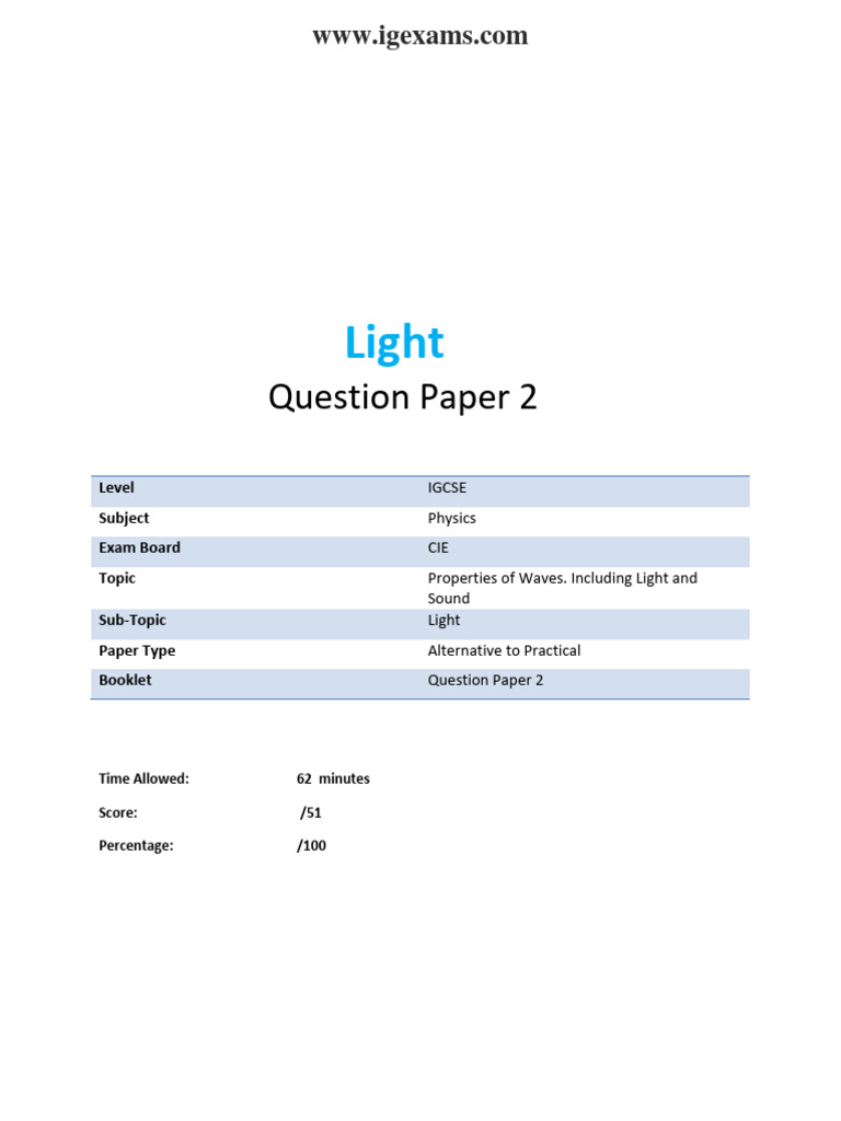 32 2 Light Cie Igcse Physics Practical Qp Pdf Optics Electromagnetic Radiation