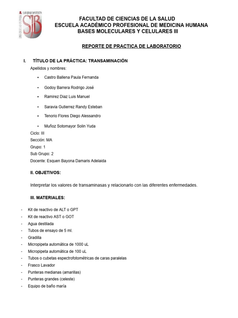 Reporte de Practica de Laboratorio - Semana 13 | PDF | Transaminasa | Biomoléculas