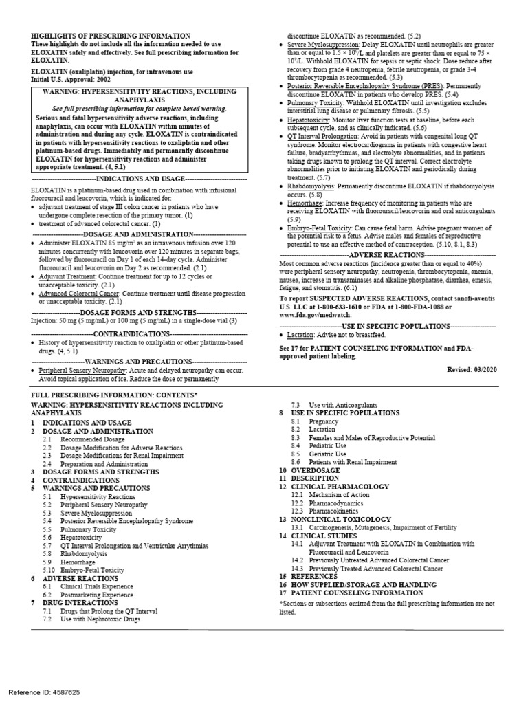 ELOXATIN (Oxaliplatin) Label - 021492s016lbl | PDF | Peripheral ...