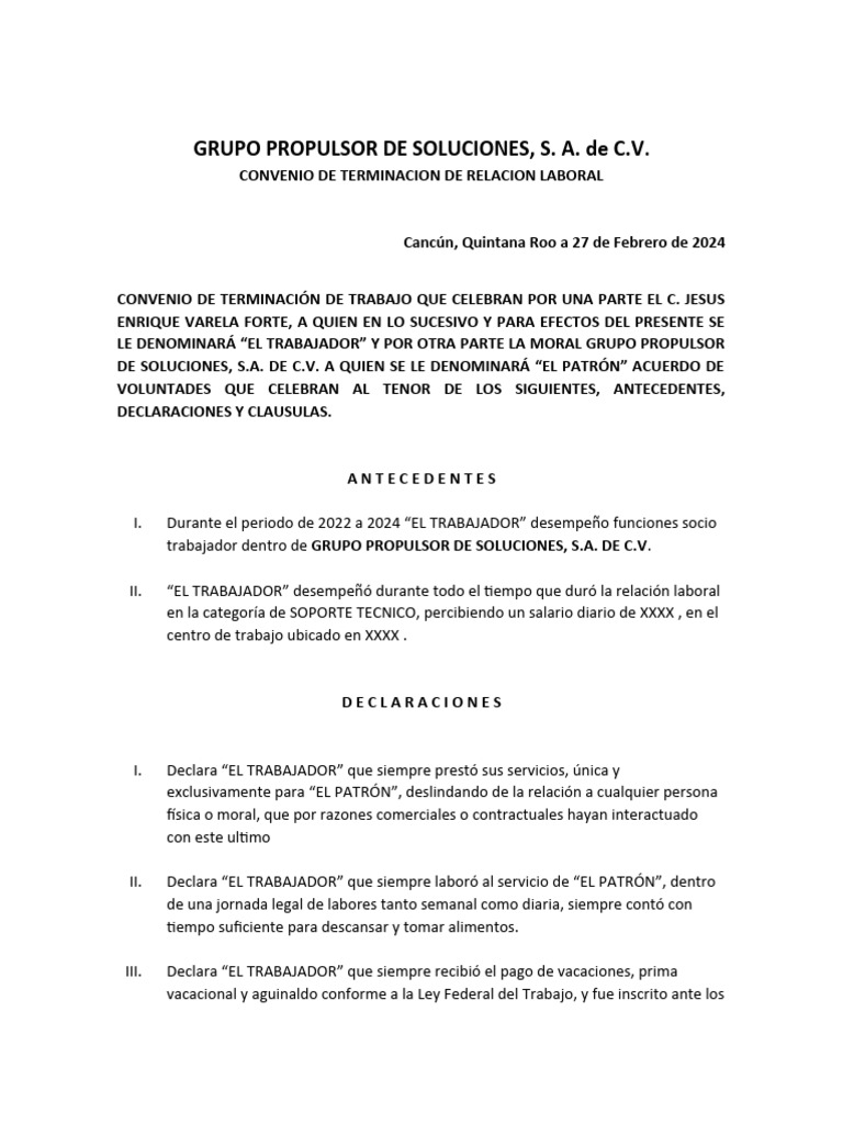 Convenio de Terminacion de Relacion Laboral | PDF
