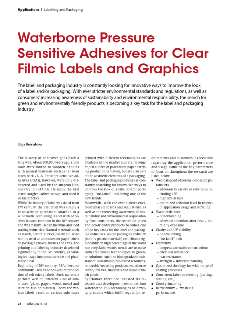 Waterborne PSA For Clear Filmic Labes and Graphics | PDF | Polymers ...