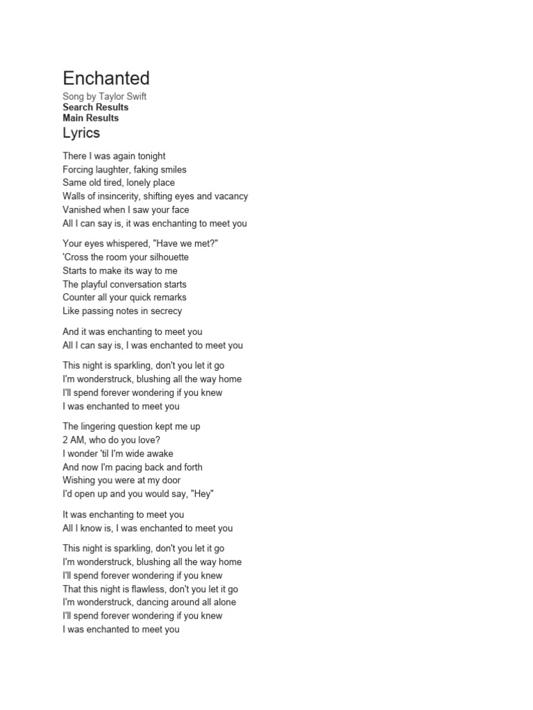 Taylor Swift's "Enchanted" Lyrics | PDF | Songs | Pop Songs