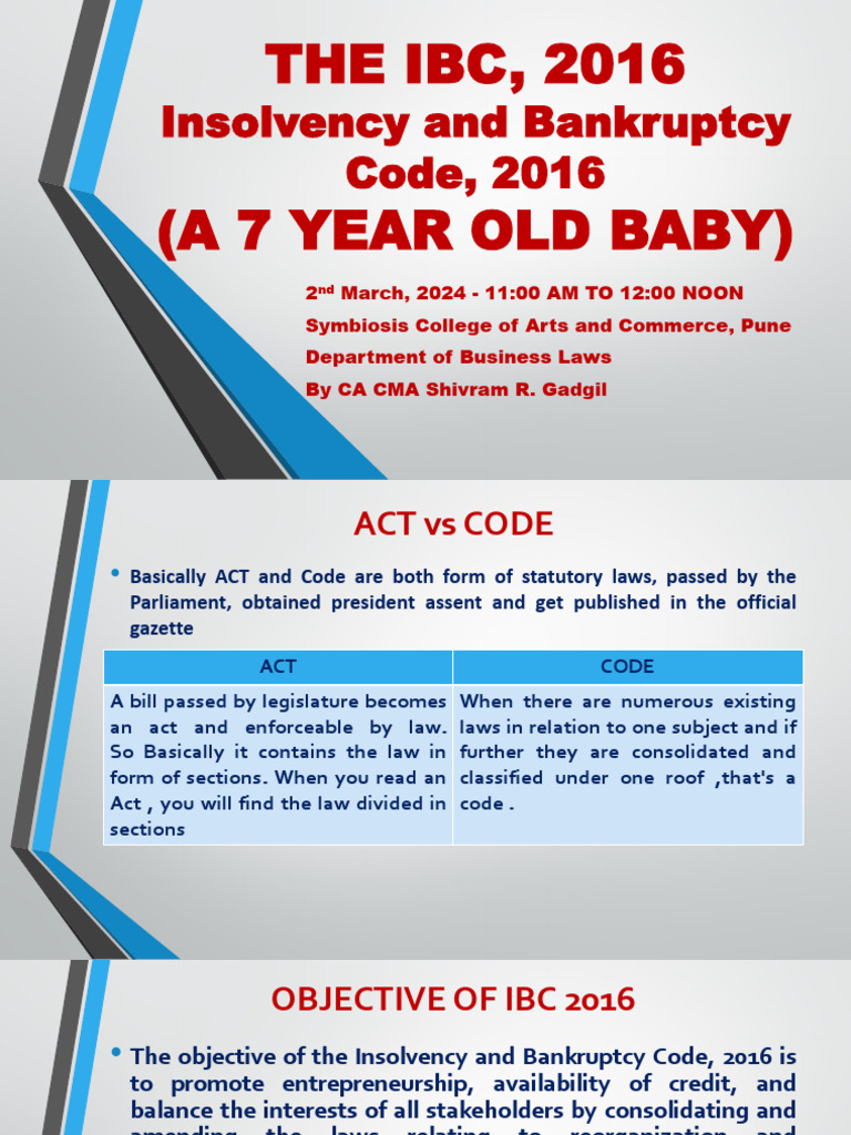 THE IBC, 2016 Symbiosis | PDF | Bankruptcy | Liquidation