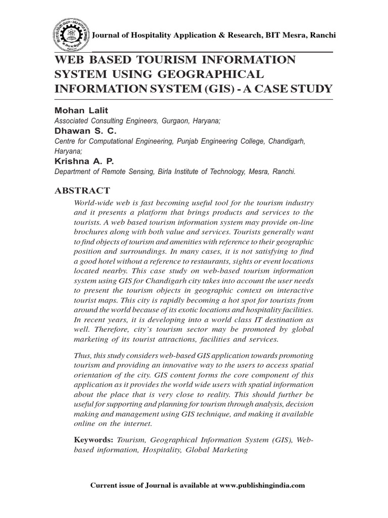 Web Based Tourism Information System Using Geographical Information System (Gis) - A Case Study ...