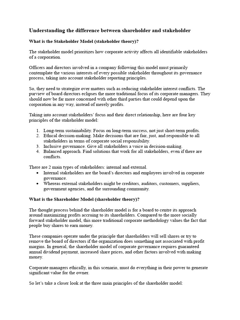 Shareholder vs. Stakeholder Models Explained | PDF | Stakeholder ...
