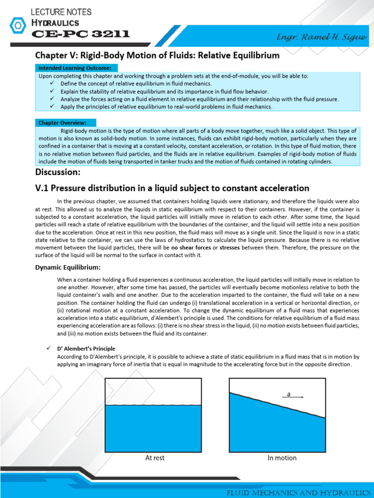 CE PCS 3211 Chapter 5 Relative Equilibrium Part 1 | PDF | Force | Liquids