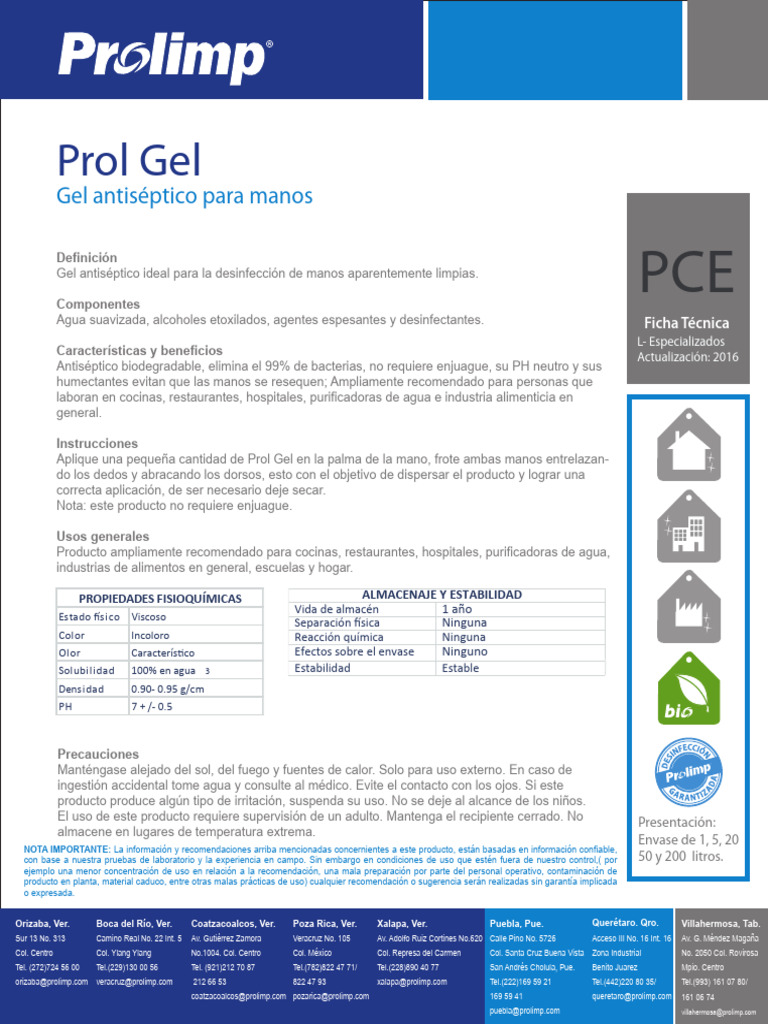 Ficha Técnica Prol - Gel (GEL ANTIBACTERIAL PARA MANOS) | PDF | Agua