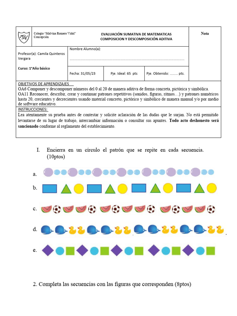 Evaluacion Sumativa Composicion y Descomposicion | PDF