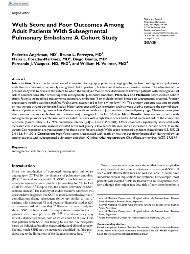 Angriman Et Al 2014 Wells Score and Poor Outcomes Among Adult Patients ...