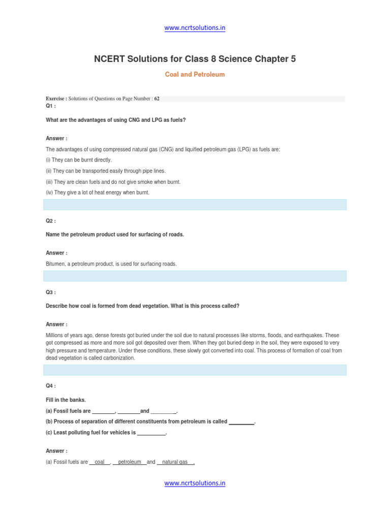 NCERT Solutions For Class 8 Science Chapter 5 | PDF | Fuels | Coke (Fuel)