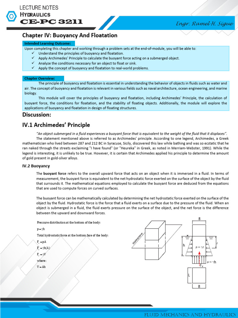 CE PCS 3211 Chapter 4 Buoyancy and Floatation | PDF | Buoyancy | Physical Quantities