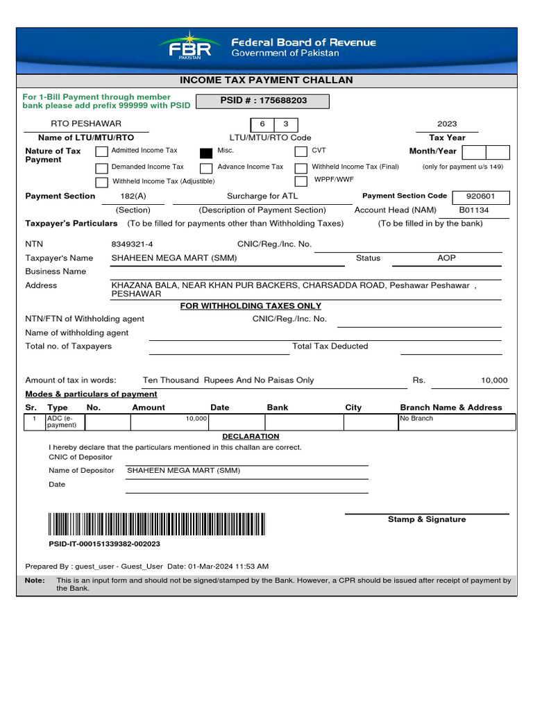 Income Tax Payment Challan Form 2023 | PDF | Income Tax | Taxes