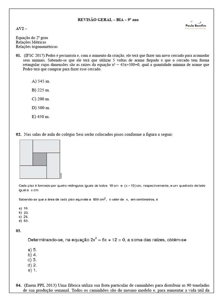 9 Ano Matemática - Revisão Geral | PDF | Triângulo | Geometria