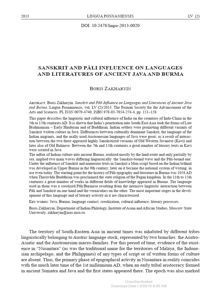 Sanskrit and Pali Influence On Languages and Liter | PDF | Sanskrit | Pali