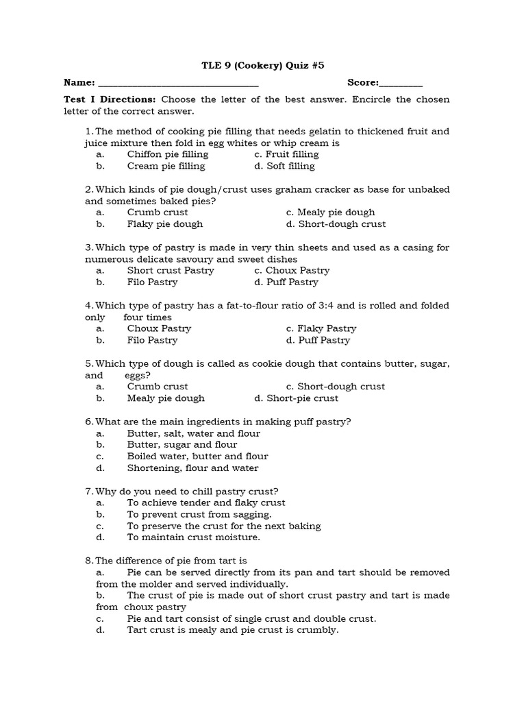 TLE 9 Cookery Quiz #5 | PDF | Breads | Foods