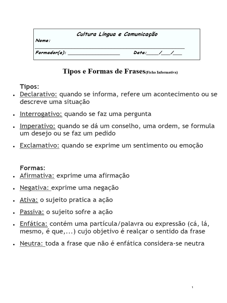 Tipos e formas de frases Ficha informativa | PDF