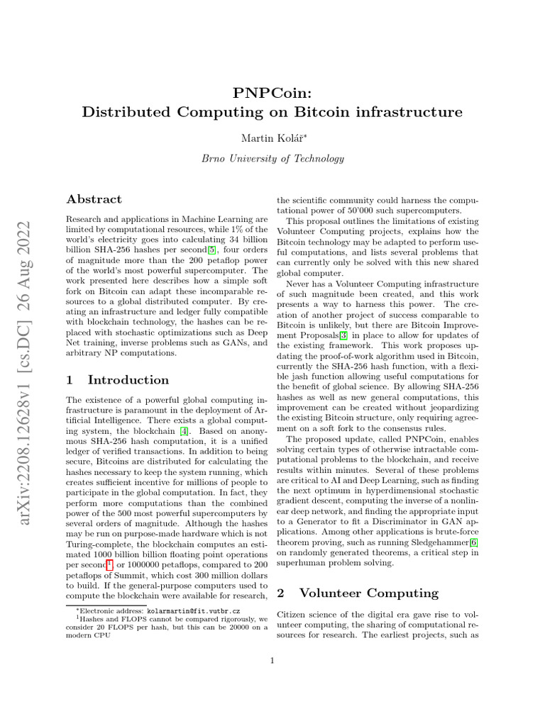 Pnpcoin: Distributed Computing On Bitcoin Infrastructure: Martin Kol A R Brno University of ...