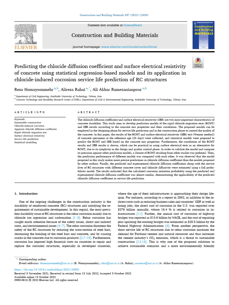 Predicting The Chloride Diffusion Coefficient | PDF | Concrete | Electrical Resistivity And ...